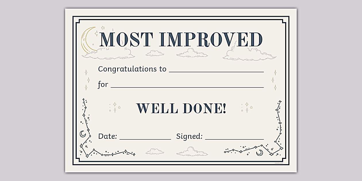 Celestial-Themed Most Improved Certificate (teacher made)