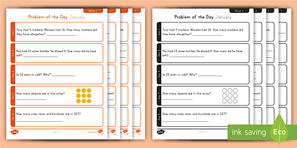 Second Grade Math Problem of the Day - January Worksheet