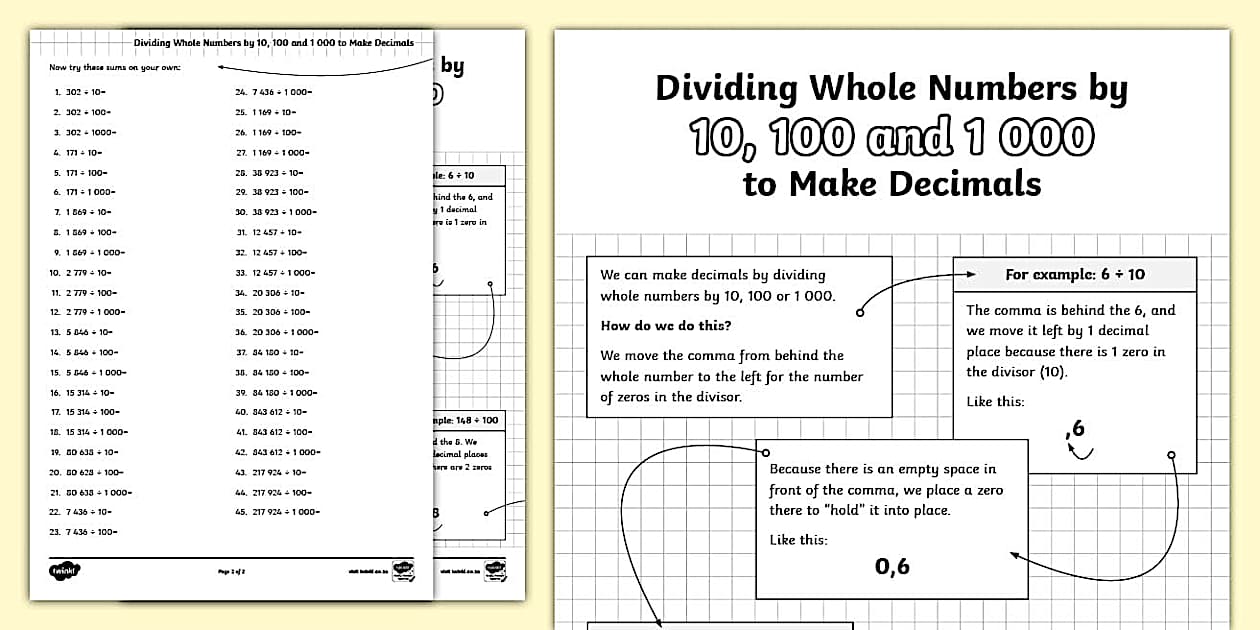 Dividing Whole Numbers by 10, 100 and 1 000 to Make Decimals Activity Sheet