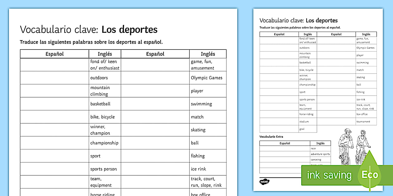 Sports Vocabulary English to Spanish Translation Worksheet / Worksheet ...