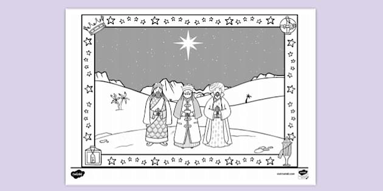 3 Kings in Desert with Border Colouring Sheet - Twinkl