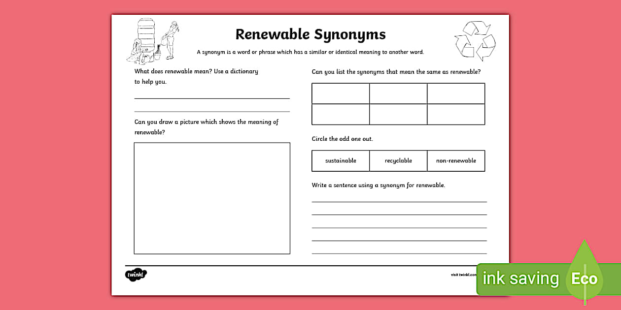 Renewable Synonyms Worksheet (teacher made) - Twinkl