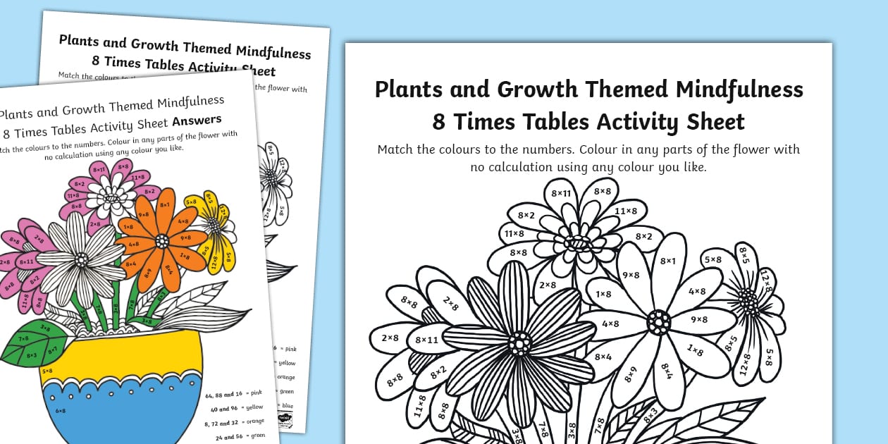 Plants and Growth Themed Mindfulness 8 Times Tables Colouring Pages