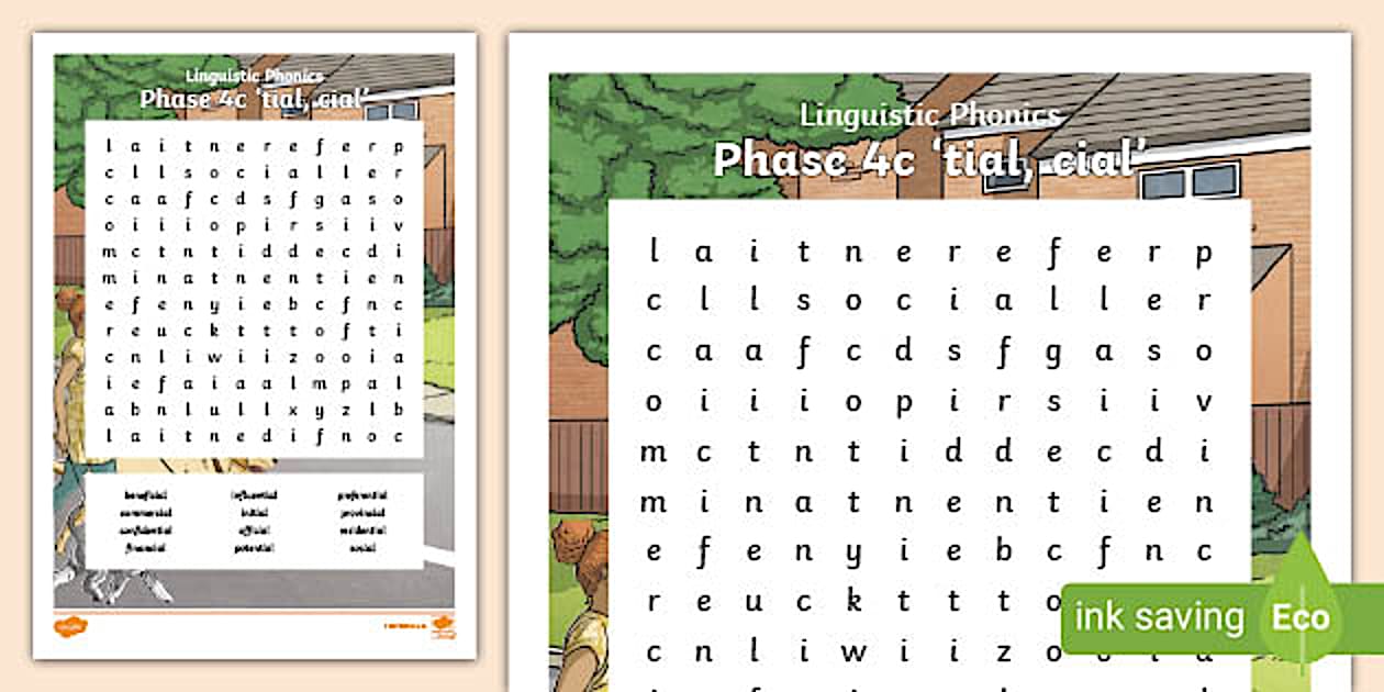 Linguistic Phonics Phase 4c 'tial, cial' Word Search