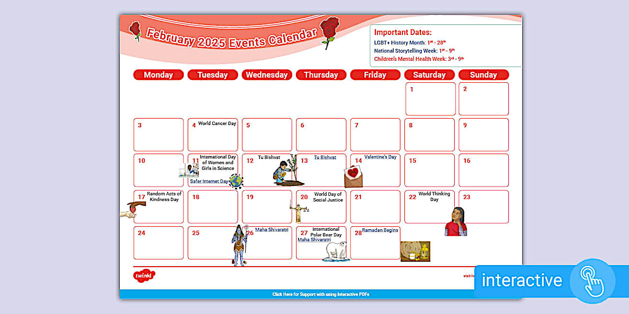 Interactive PDF: Free February Events Second Level Calendar