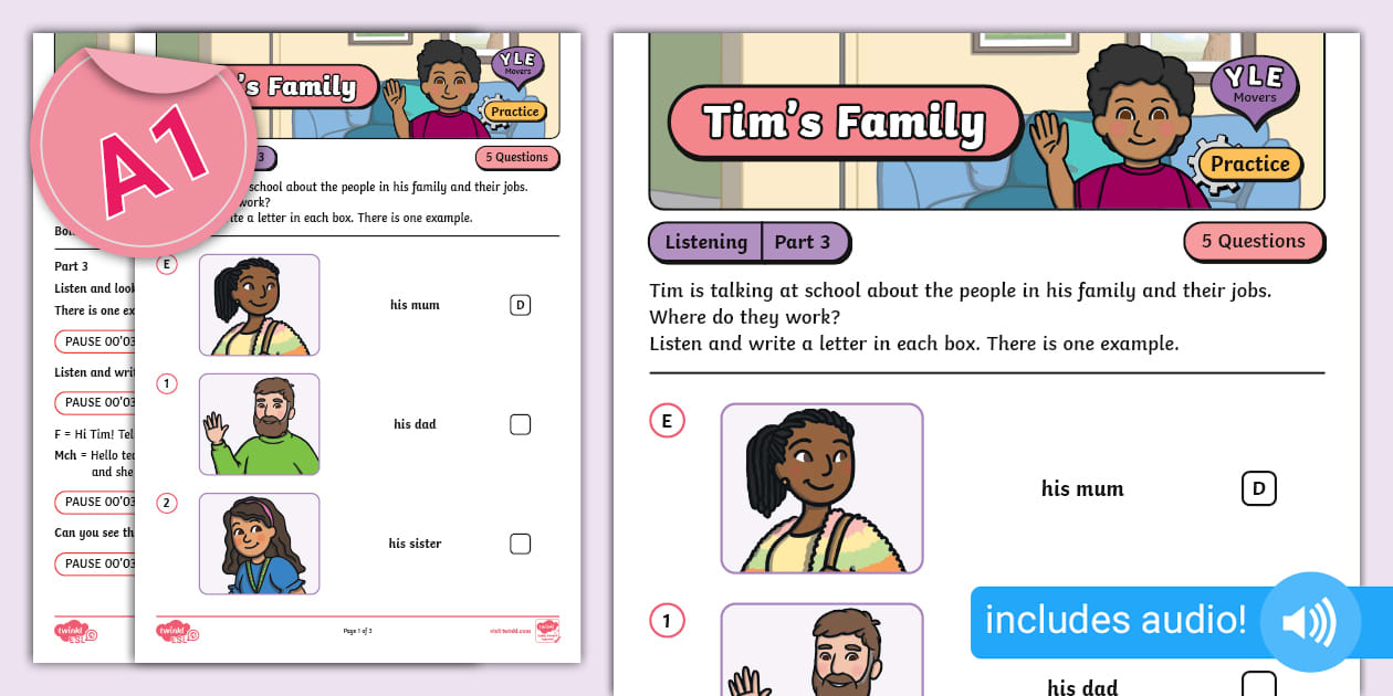 YLE Movers - Listening Part 3 - Practice Sheet (Tim's Family) [A1]