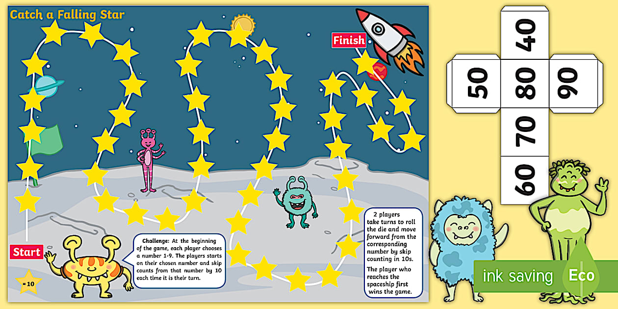 QLD Catch A Falling Star Multiples of 10 Board Game - Twinkl