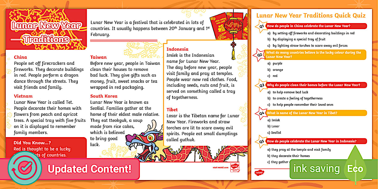 Lunar New Year Traditions Fact File and Quiz - Twinkl
