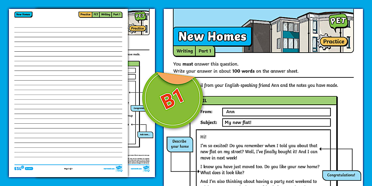 B1 Preliminary (PET) - Writing Part 1 - (New Homes) - Twinkl