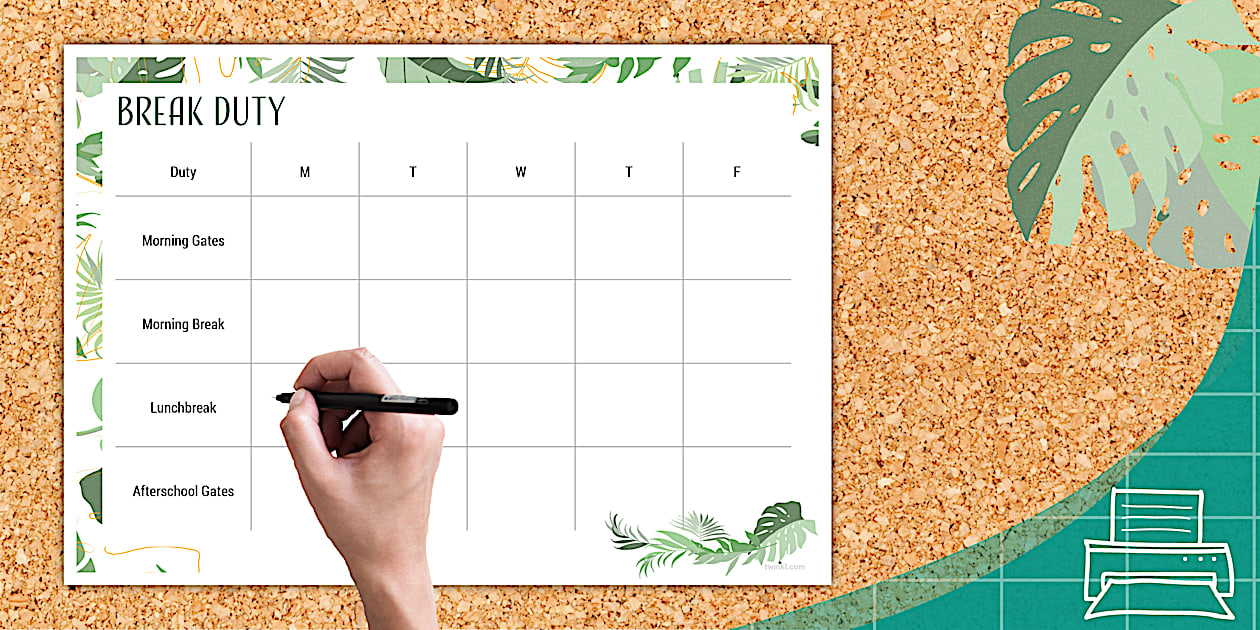 Break Duty Rota | Staffroom Noticeboard | Classroom Display | Tropical