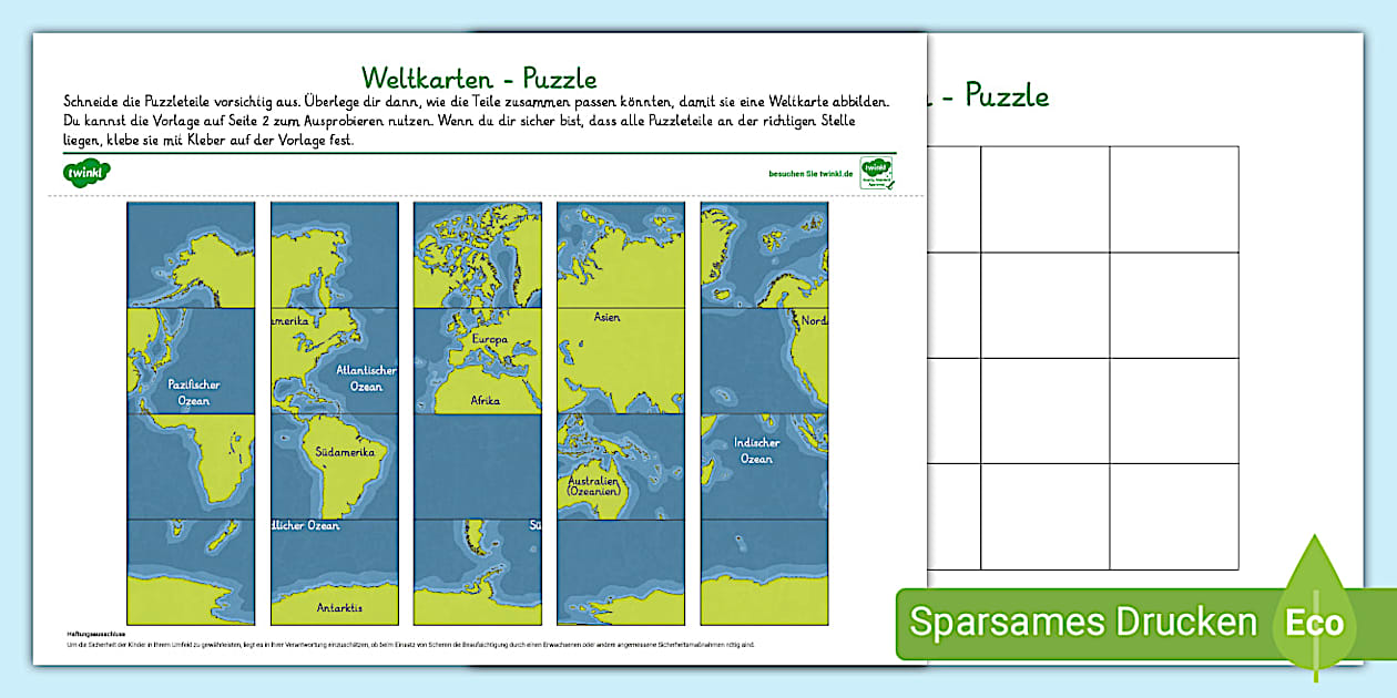 Weltkarte - Puzzle: Zuordnungsübung zum Thema Kontinente und Ozeane