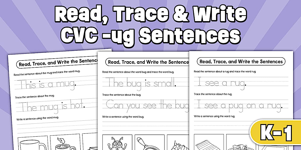 Read, Trace, and Write CVC -ug Word Family Worksheets