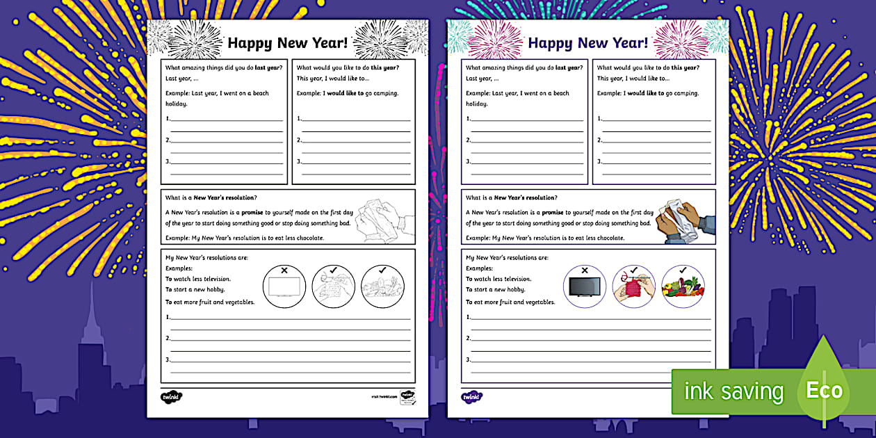 ESL New Year's Resolutions Writing Worksheet [Kids, A2]