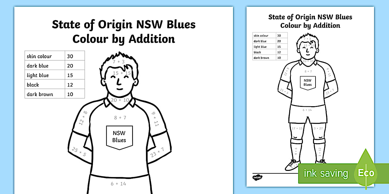 QLD State of Origin NSW Blues Colour by Addition Colouring Page