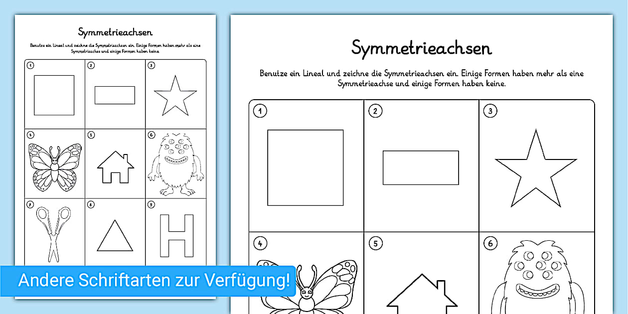 Symmetrie: Achsen einzeichnen - Arbeitsblatt - Twinkl
