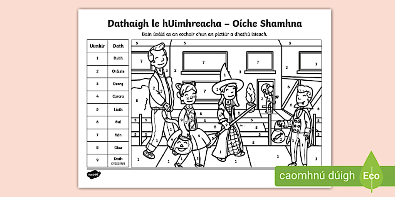 Halloween Aistear Colour by Number Gaeilge - Twinkl