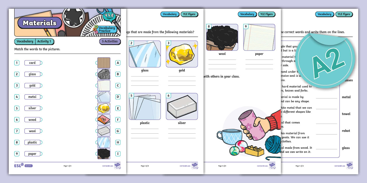 YLE Flyers Materials Vocabulary Activity Sheet - Twinkl