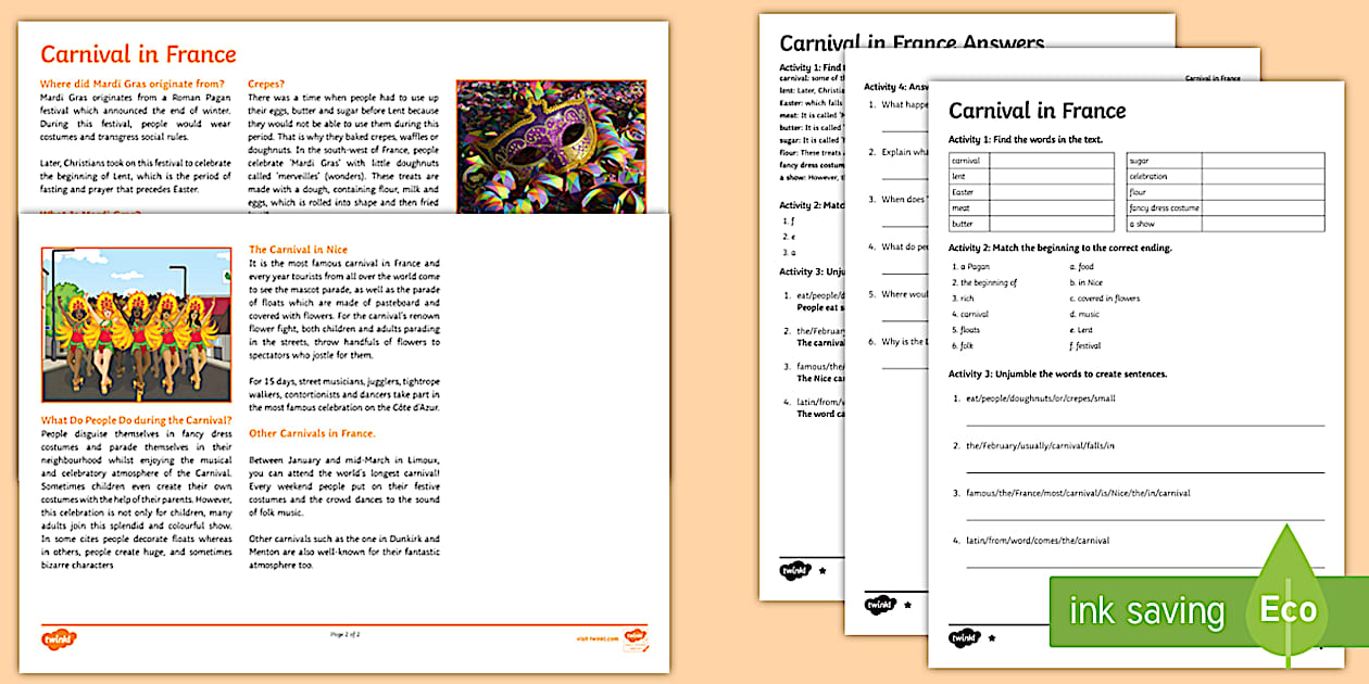 Carnival in France Differentiated Reading Comprehension Activity