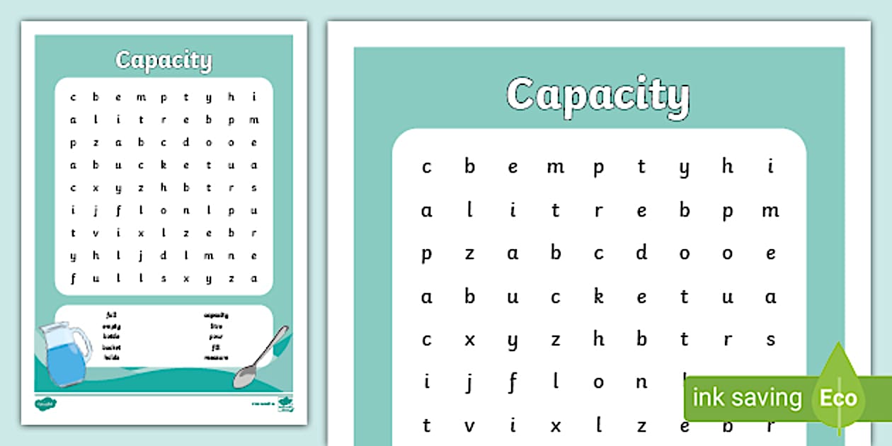 Capacity Word Search 1st/2nd Class Maths - Twinkl