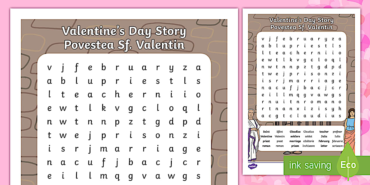 Valentine's Day Story Word Search English/Romanian - Twinkl