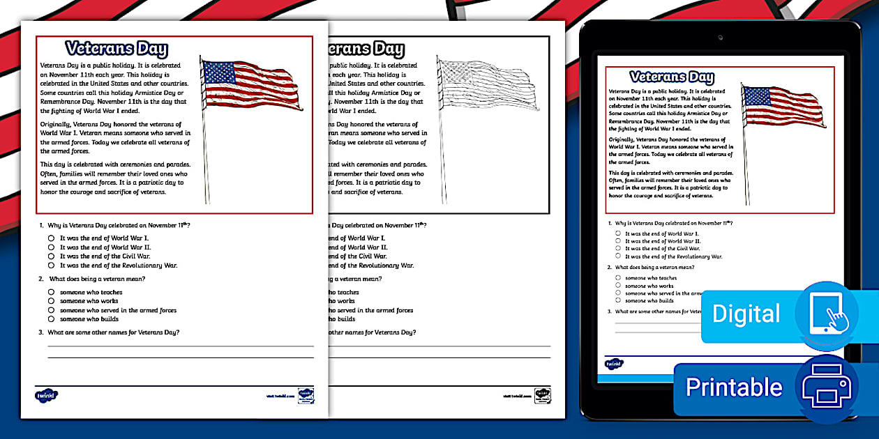 Third Grade Veterans Day Reading Passage Comprehension