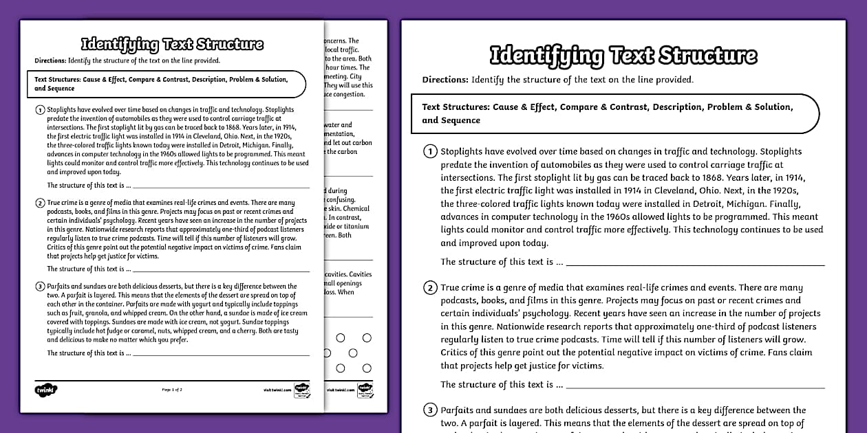 Sixth Grade Identifying Text Structure Worksheet - Twinkl