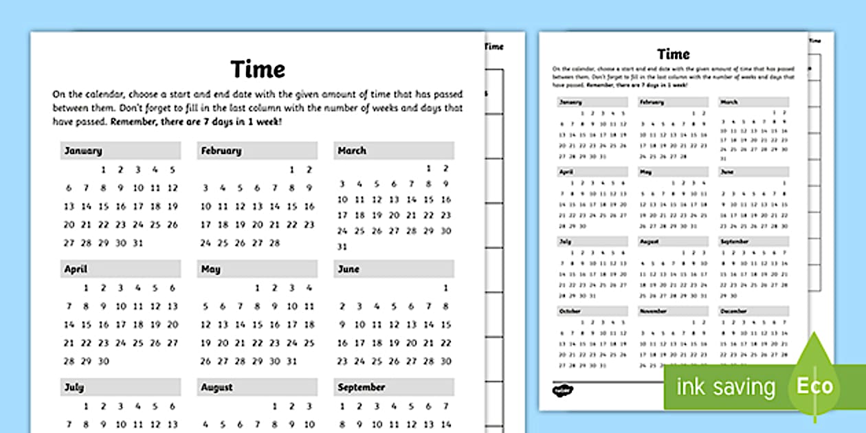 Using a Calendar for Dates, Weeks and Days Worksheet