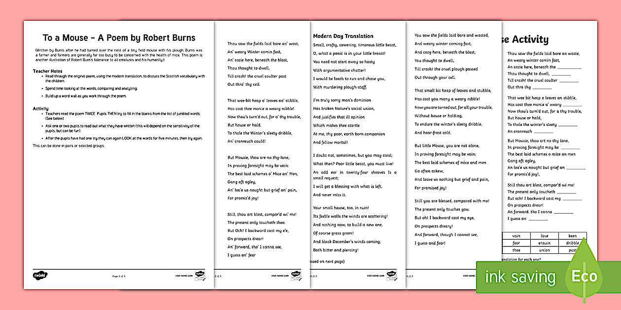 To a Mouse Robert Burns | Activity Pack | Primary Resources