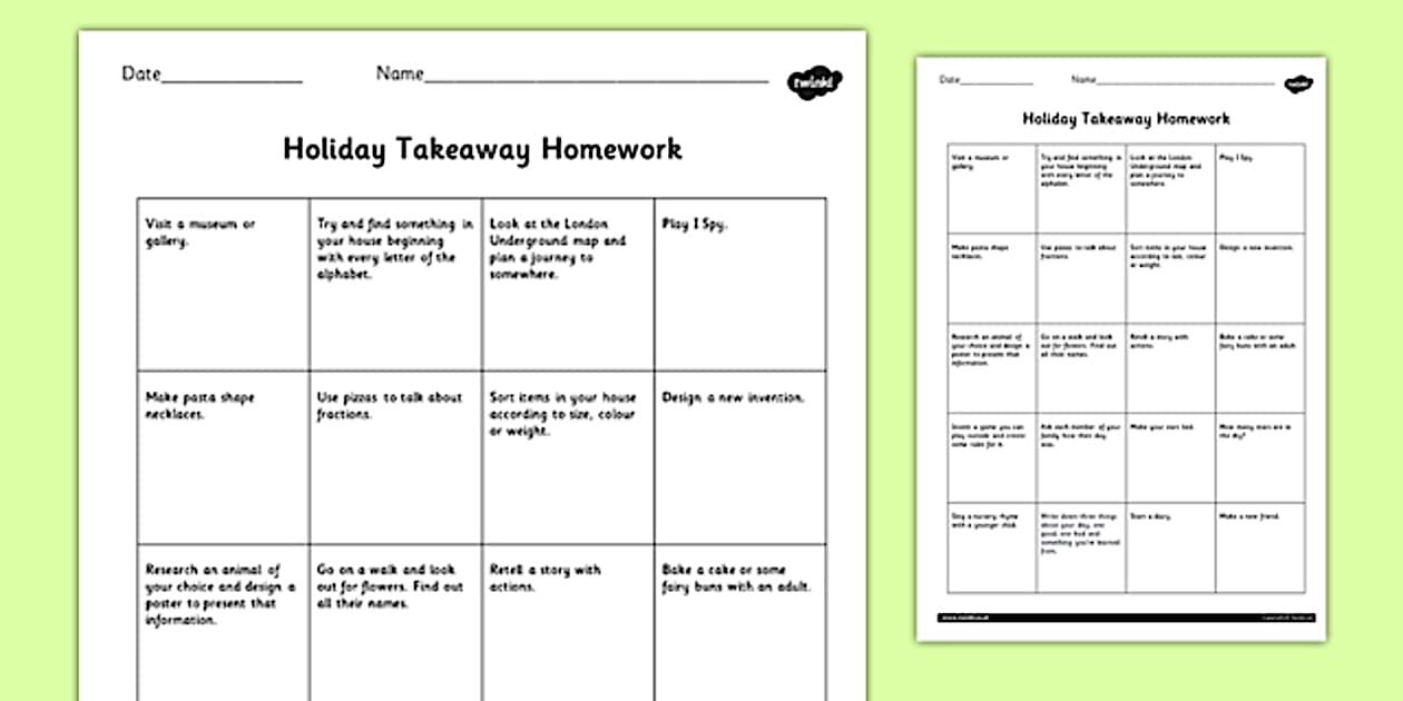 Editable Holiday Takeaway Homework