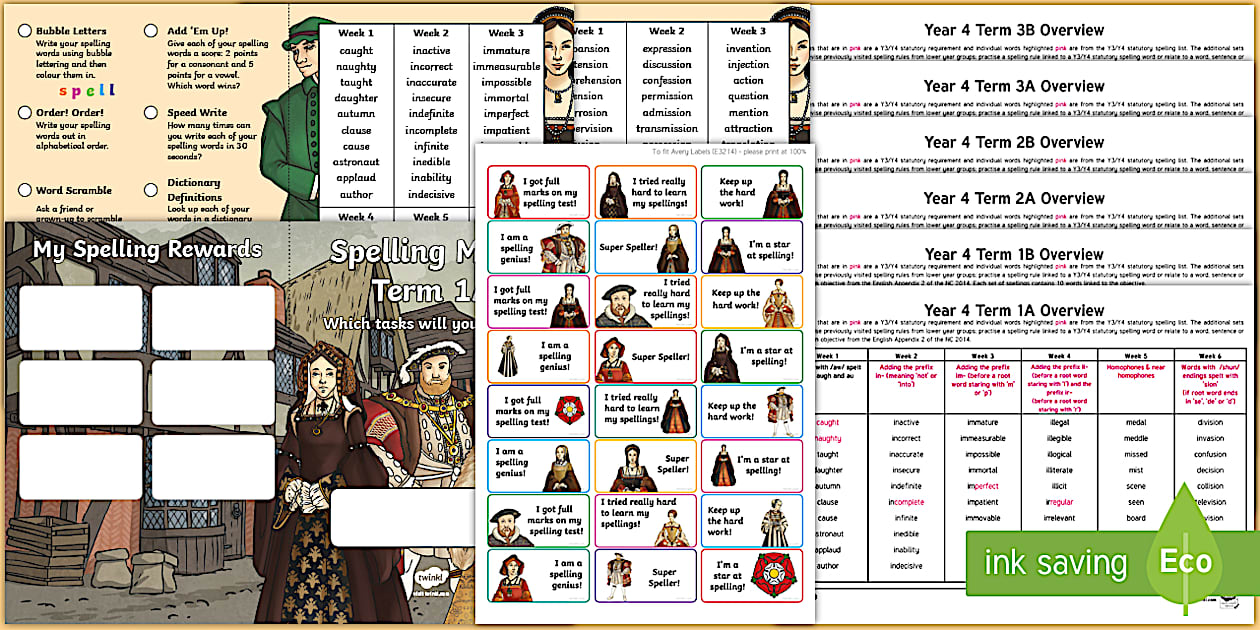 Editable Year 4 Tudor Themed Spelling Menu Pack - Twinkl