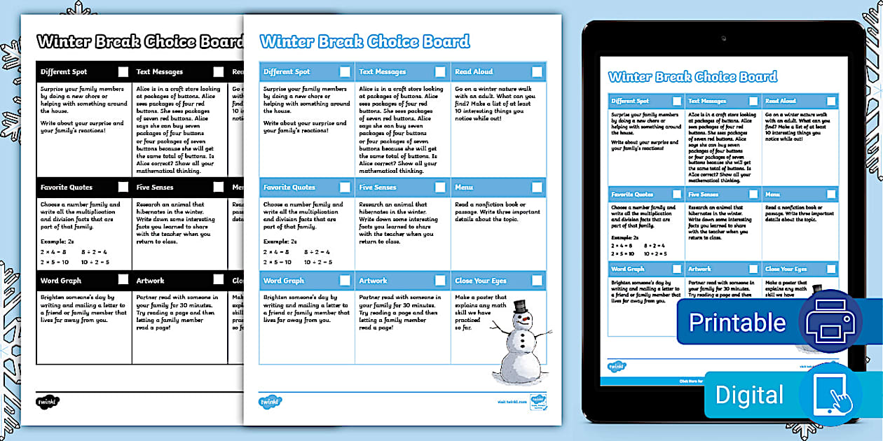 Third Grade Winter Break Choice Board