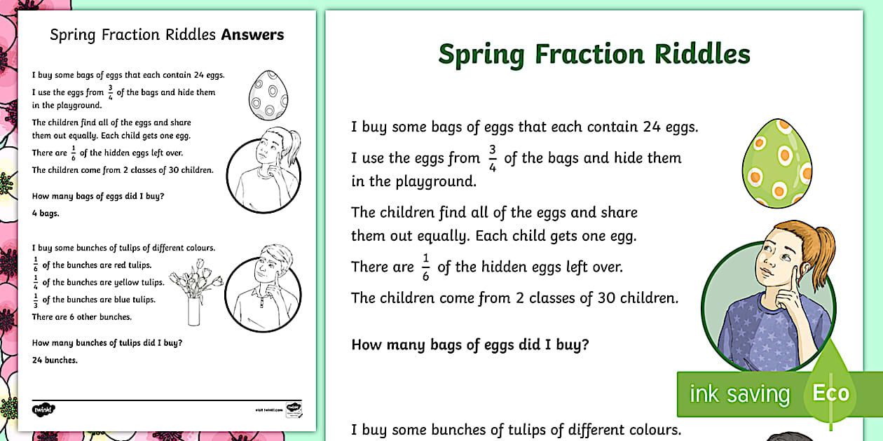 Spring Fraction Riddles - Spring Season Activity - Twinkl