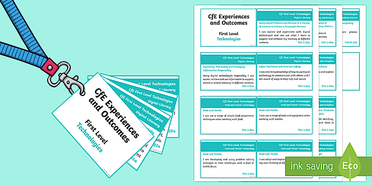 Lanyard-Sized CfE First Level Technologies Experiences and Outcomes Cards