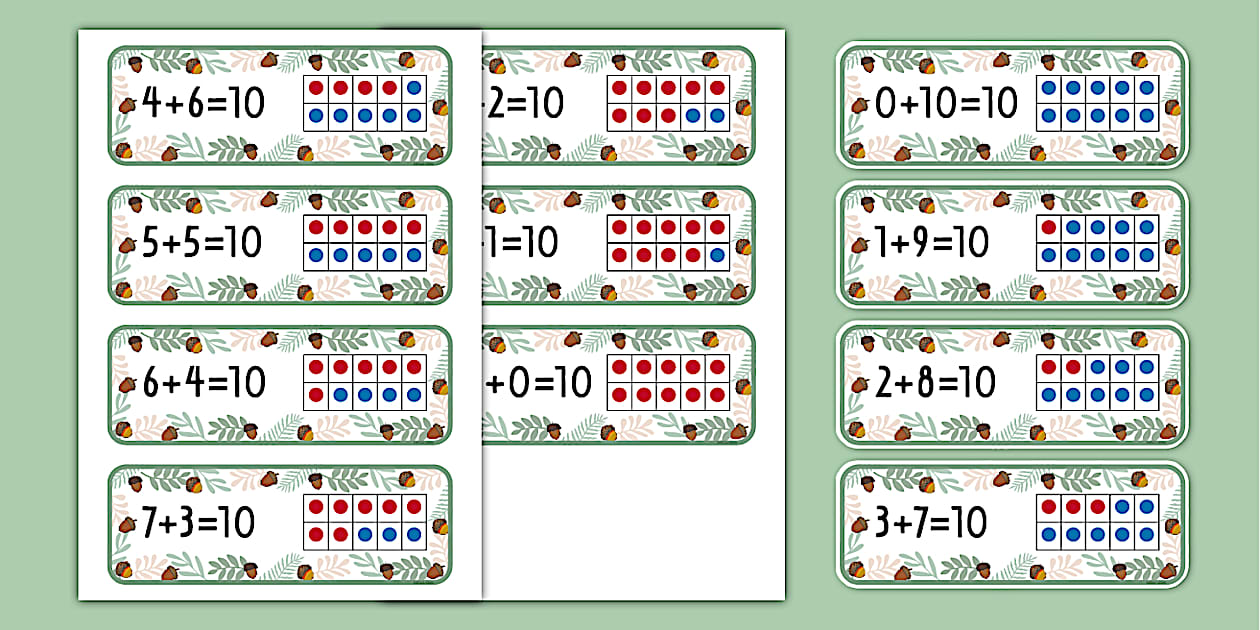 👉 Muted Botanical Themed Acorn Number Bonds of 10 Flashcards