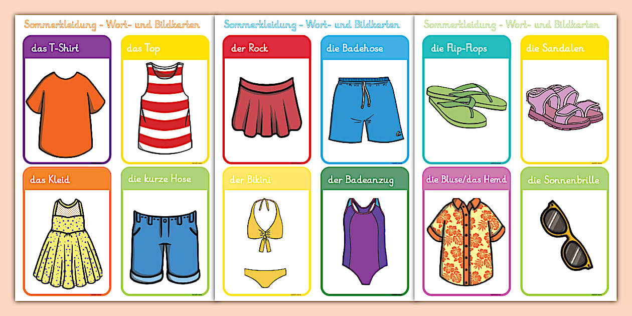 Sommerkleidung - Wort- und Bildkarten (Lehrer gemacht)