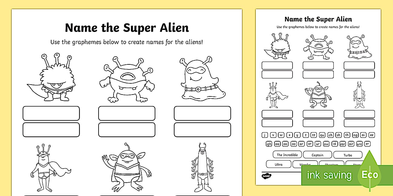 Name the Super Alien Phase 3 Worksheet - Twinkl