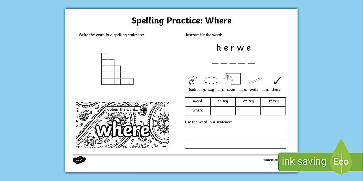 Where Spelling Practice Worksheet (teacher made) - Twinkl