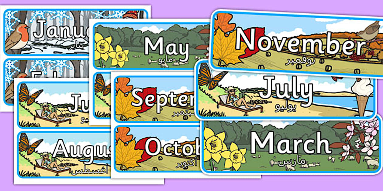 Months of the Year With Seasons Theme Display Posters Arabic Translation