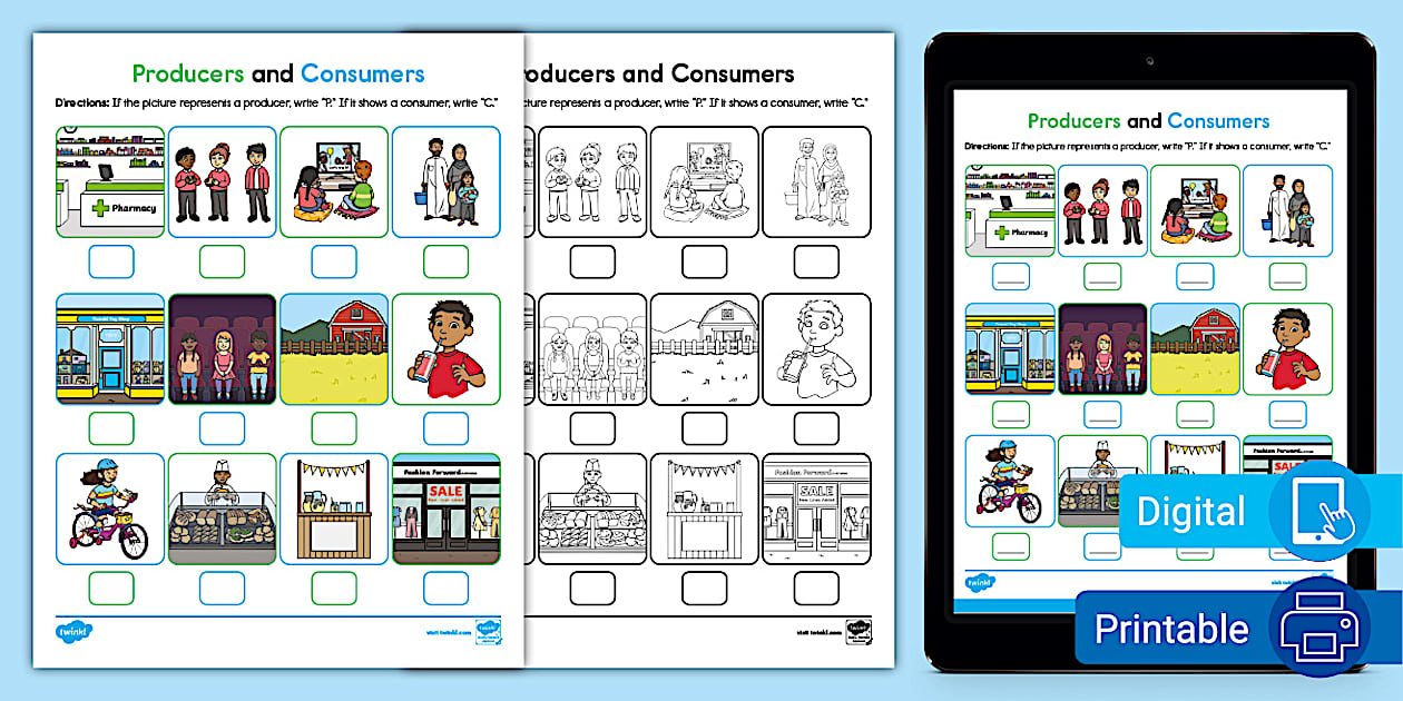 Producers and Consumers Worksheet for K-2nd Grade - Twinkl