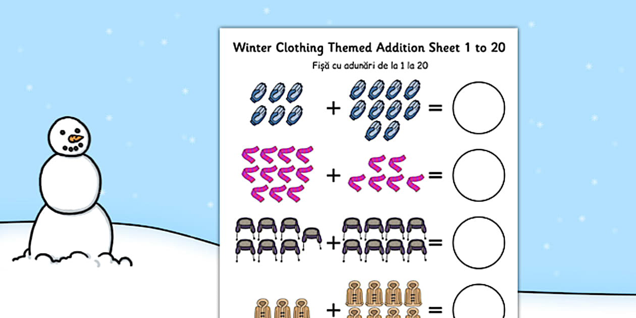 Black and White Winter Clothing Themed Addition Sheet 1-20 Romanian