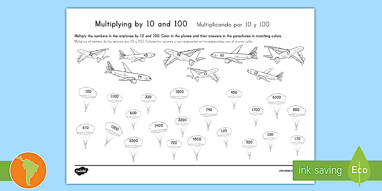 Multiplying by 10 and 100 Worksheet / Worksheet English/Spanish