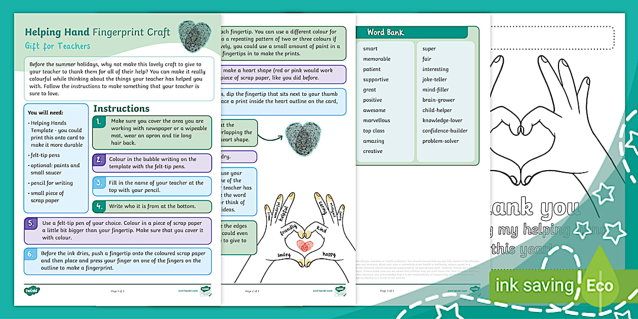 Helping Hand Fingerprint Craft Gift for Teachers - Twinkl