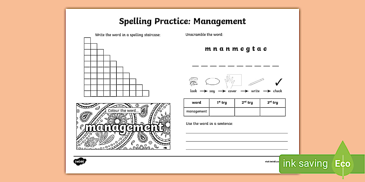 Management Spelling Practice Worksheet (teacher made)