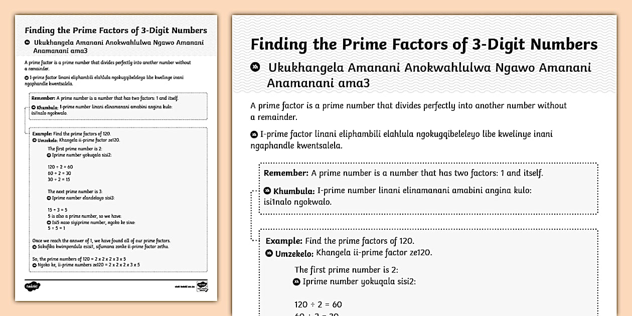 Finding the Prime Factors of 3-Digit Numbers Activity Sheet IsiXhosa