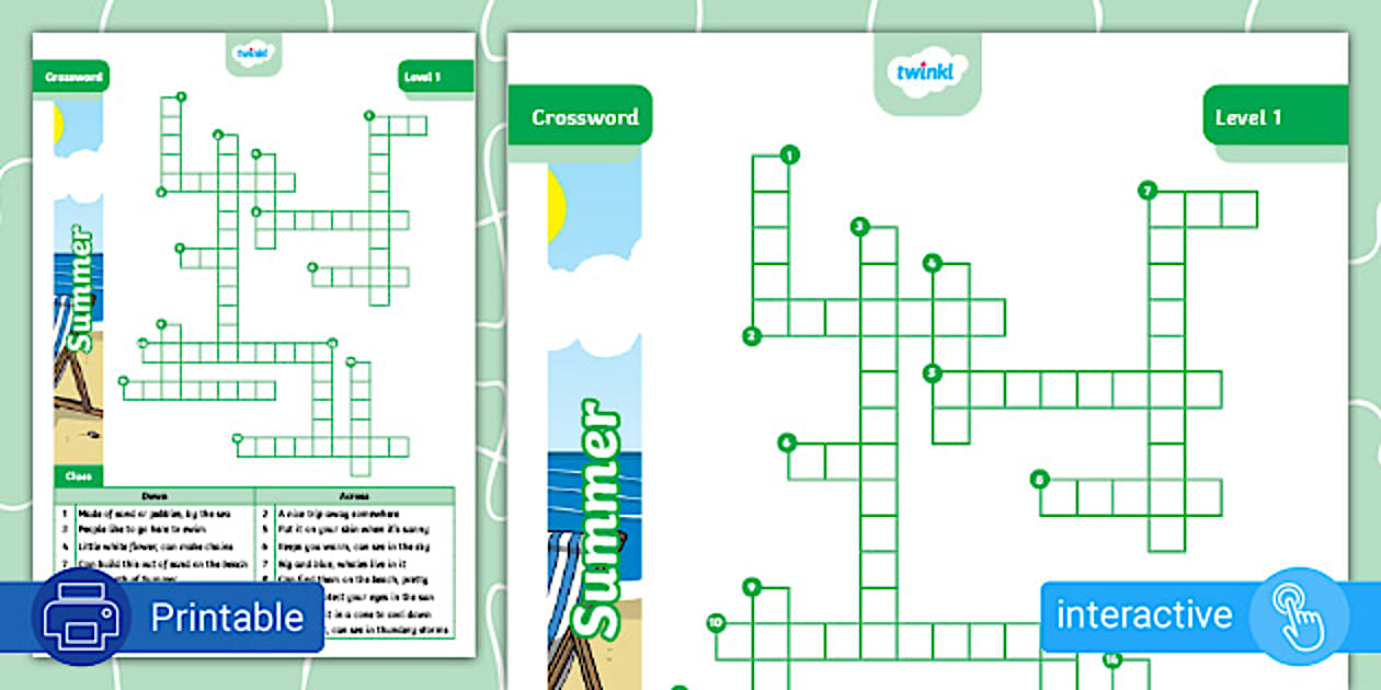 Summer Crossword - Level 1 - Twinkl Puzzled - Kids Puzzles