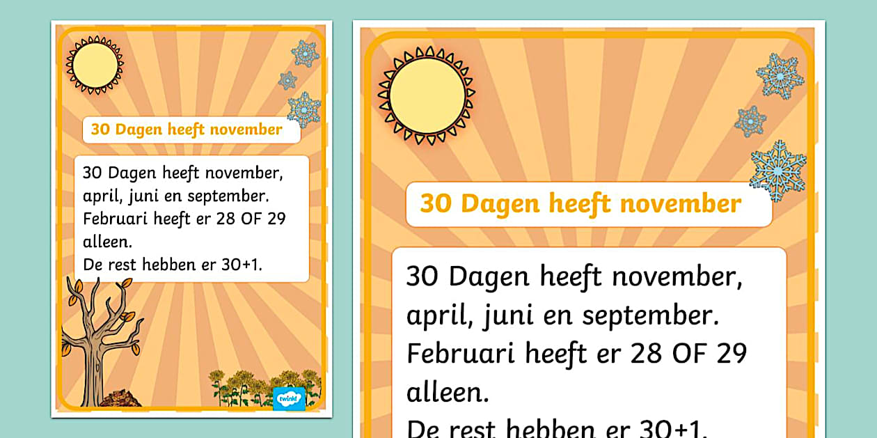 30 Dagen heeft november rijmpje (teacher made) - Twinkl