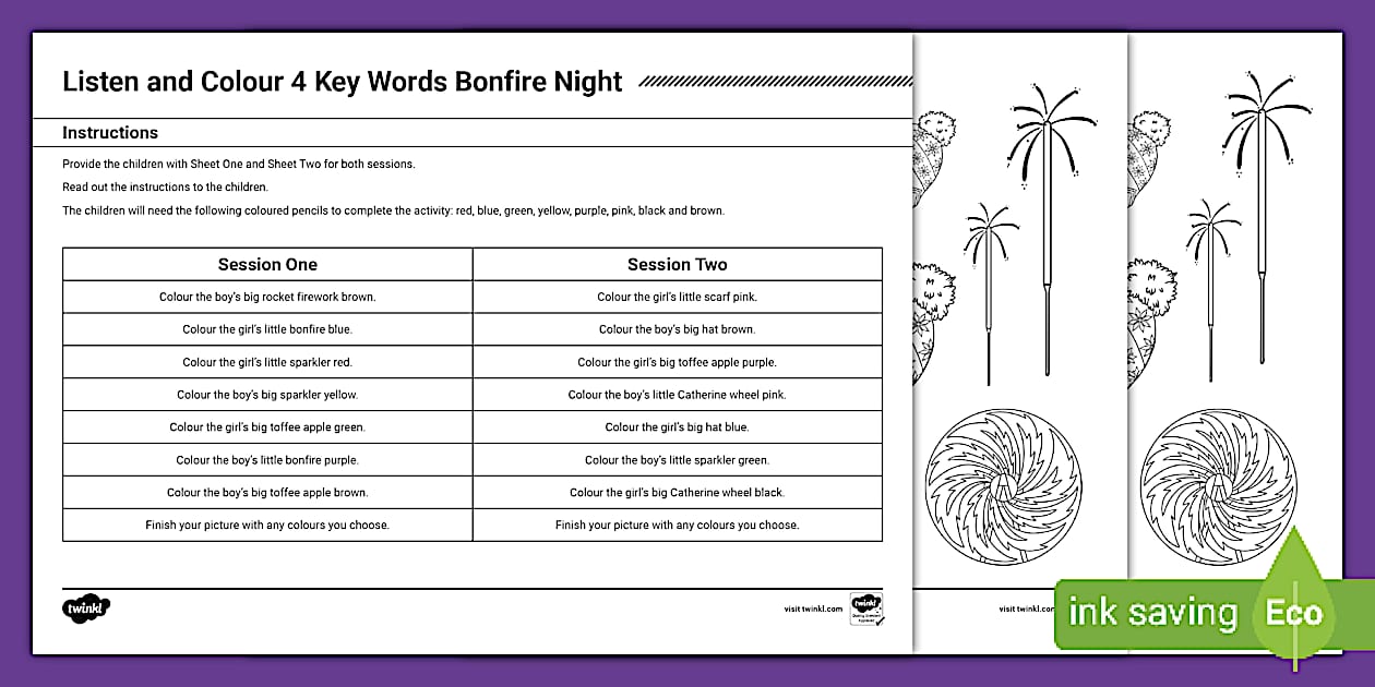 Listen and Colour 4 Key Words Bonfire Night (teacher made)