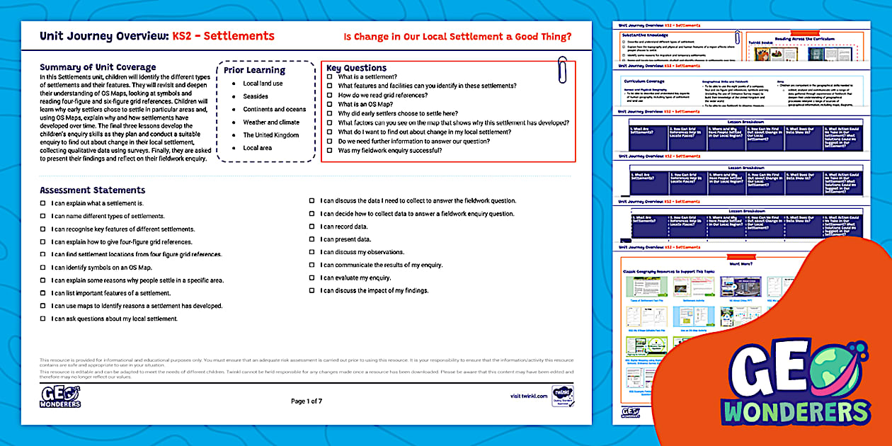 Geo Wonderers LKS2: Settlements Unit Overview (teacher made)