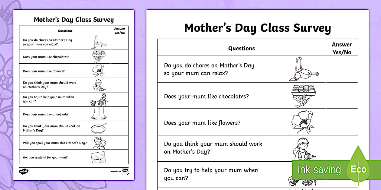 VIC Mother's Day Foundation Class Survey Worksheet - Twinkl
