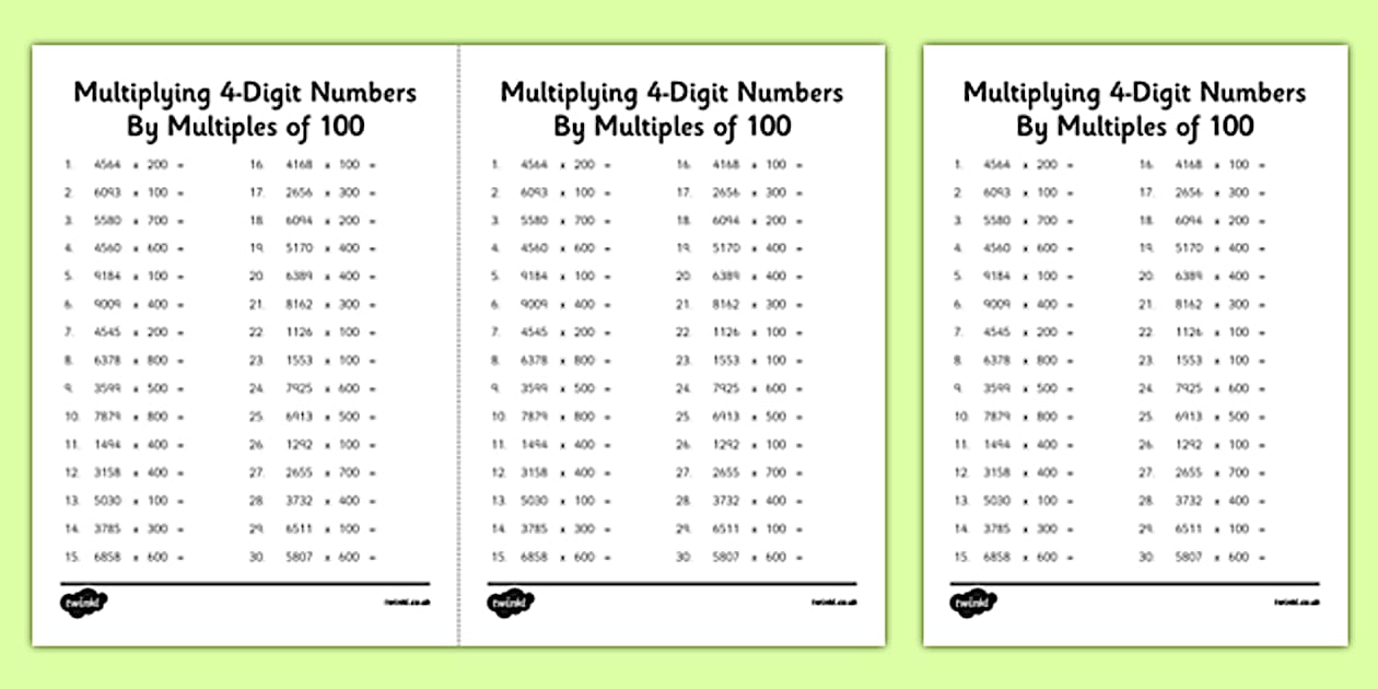 Multiplying 4-Digit Numbers by Multiples of 100 Worksheet / Worksheet Pack